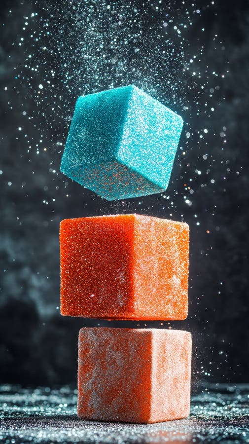 Red and Blue Glitter Cubes are Positioned on a Background that is Black ...