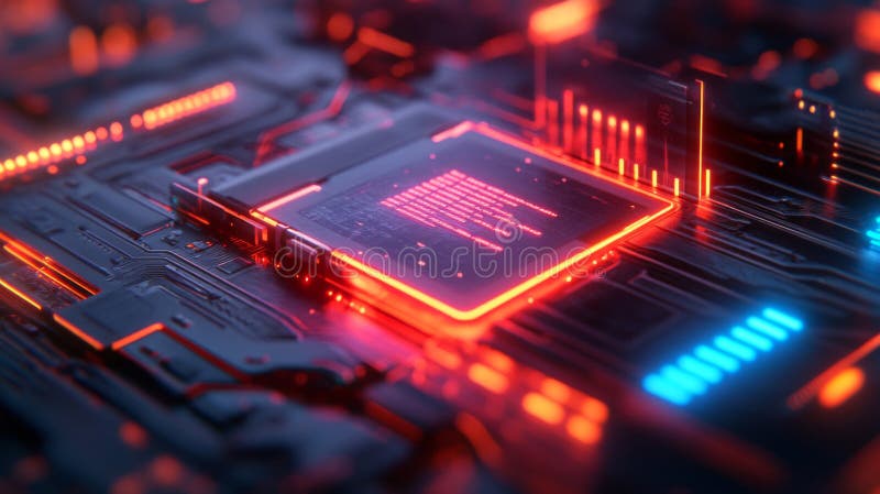 Red and Blue Glowing Circuit Board with Processor Close Up Stock ...