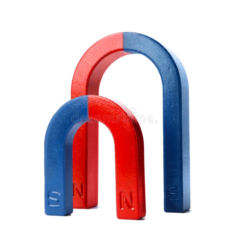 Red and Blue Horseshoe Magnet Attracting Colorful Paperclips on Blue ...