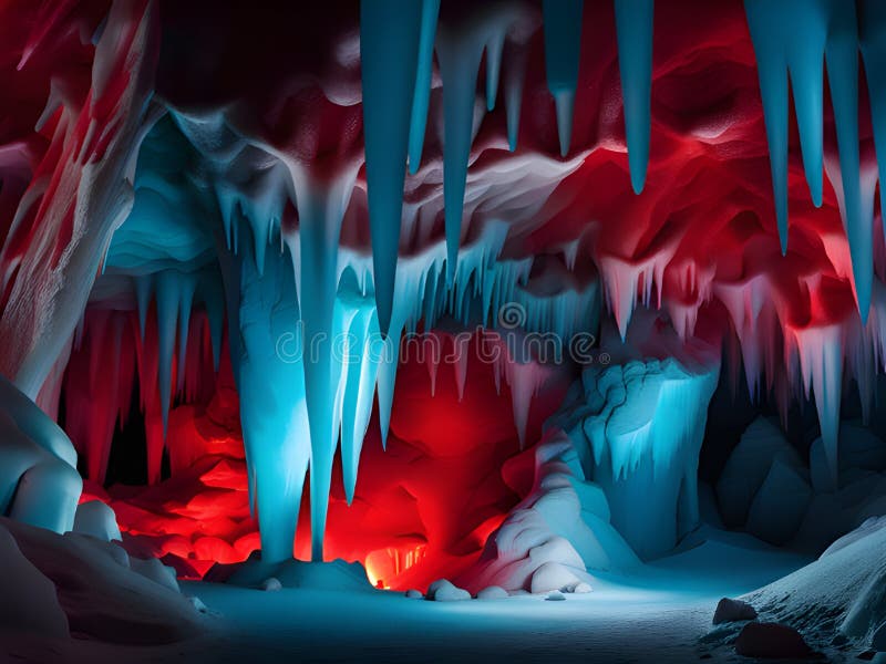 Red and Blue Ice Cave with Icicles Stock Illustration - Illustration of ...