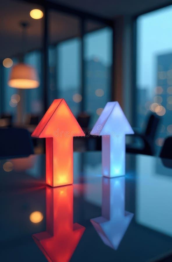 Red and Blue Illuminated Arrows Pointing Upwards on Reflective Surface ...