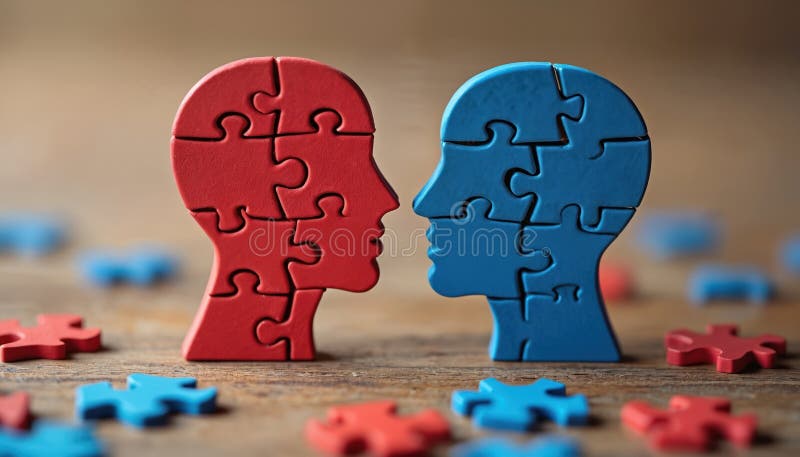 Red, Blue Jigsaw Puzzle Pieces in Face Profile Shape Symbolize Empathy ...