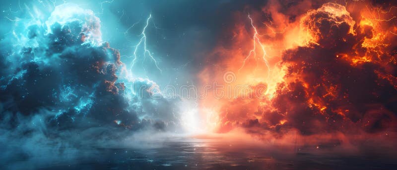 Concept Fantasy, Elements, Fire, Ice, Clash Red and Blue Lightning ...