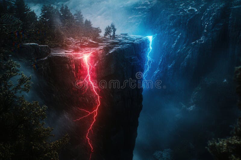 Red and Blue Lightning Striking Mountain Cliff with Forest Stock Image ...