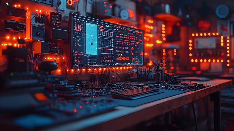 Red and Blue Lit Computer Workstation - Illustration Stock Illustration ...