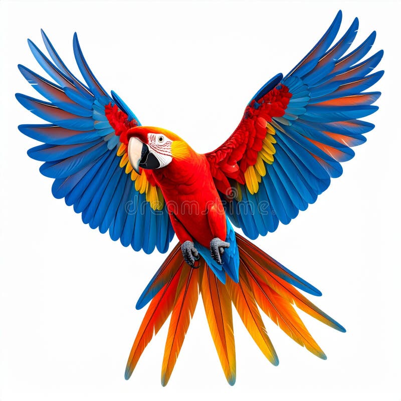 Red and Blue Macaw in Flight Against White Background Stock ...
