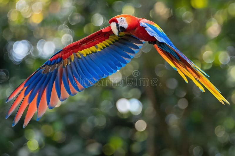 A Red and Blue Macaw Flying Over the Amazon Rainforest, Trees in the ...