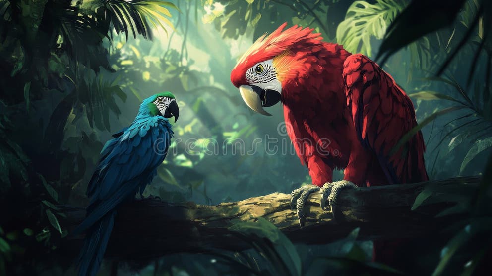 Red and Blue Macaws Interaction in Lush Tropical Jungle Stock ...