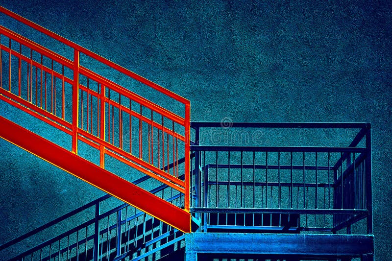 Red Blue Metallic Staircase on Emerald Wall Up Down Going Stock Image ...