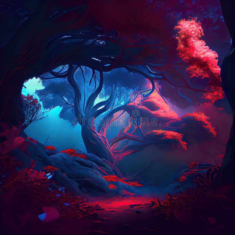 Red Blue Moody Forest - Ai Generated Stock Illustration - Illustration ...