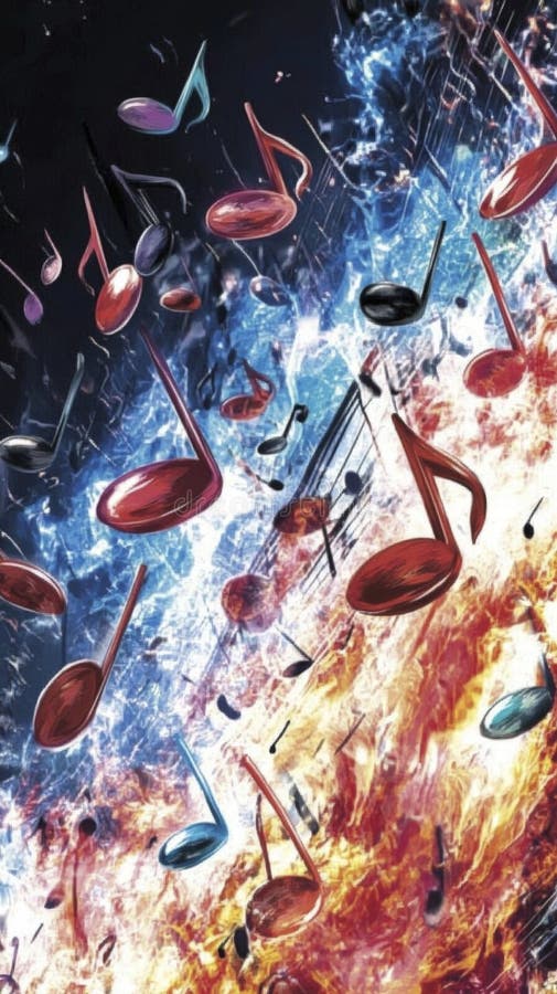 Red and Blue Musical Notes in Fiery Water Collision Stock Illustration ...