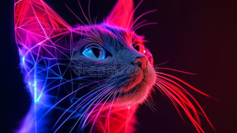 Red Blue Neon Cat Portrait Digital Art Stock Illustration ...
