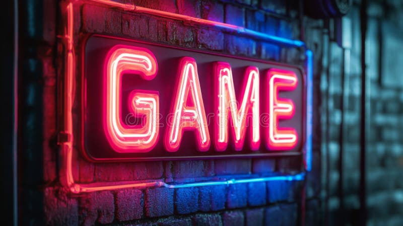Red and Blue Neon Game Sign on Brick Wall Stock Illustration ...