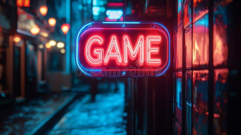 Red and Blue Neon Game Sign in City at Night Stock Illustration ...
