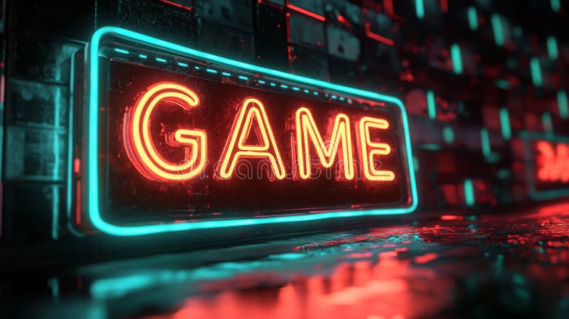 Red and Blue Neon Game Sign on Wet Dark Surface Stock Illustration ...