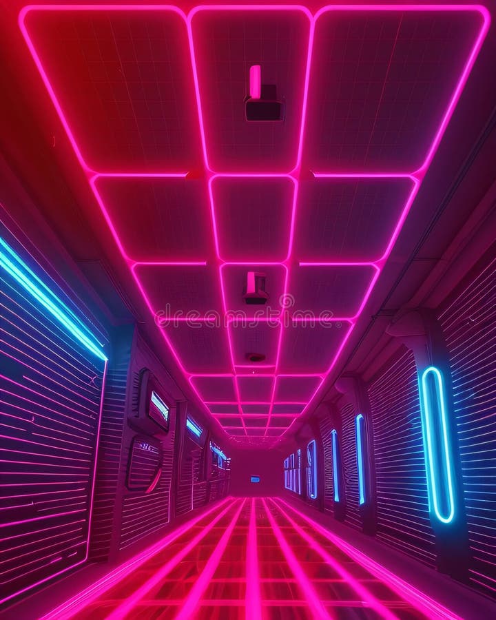 Red and Blue Neon Laser Light Grid Room on Futuristic Technology ...