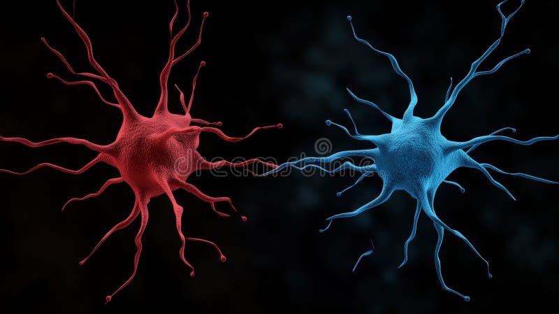 Red and Blue Neurons on a Dark Background Symbolizing Brain Activity ...
