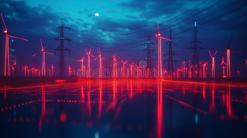 Red and Blue Night Landscape with Wind Turbines and Power Lines Stock ...