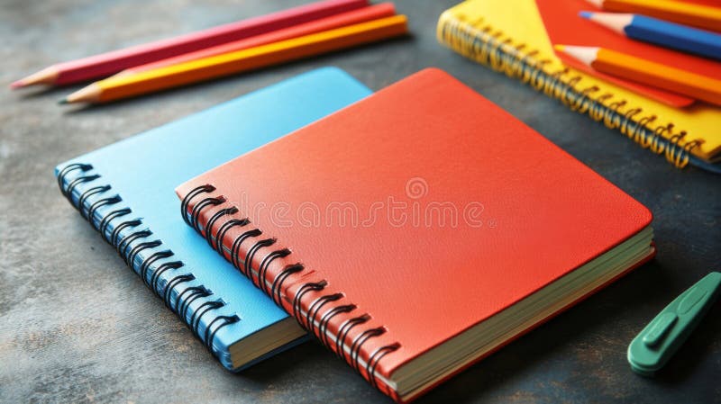 Red and Blue Notebooks with Colored Pencils on a Gray Desk Stock ...