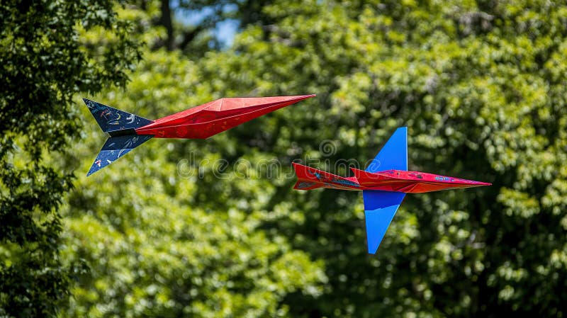 Red Blue Origami Planes Fly Park Foliage Background Stock Image - Image ...