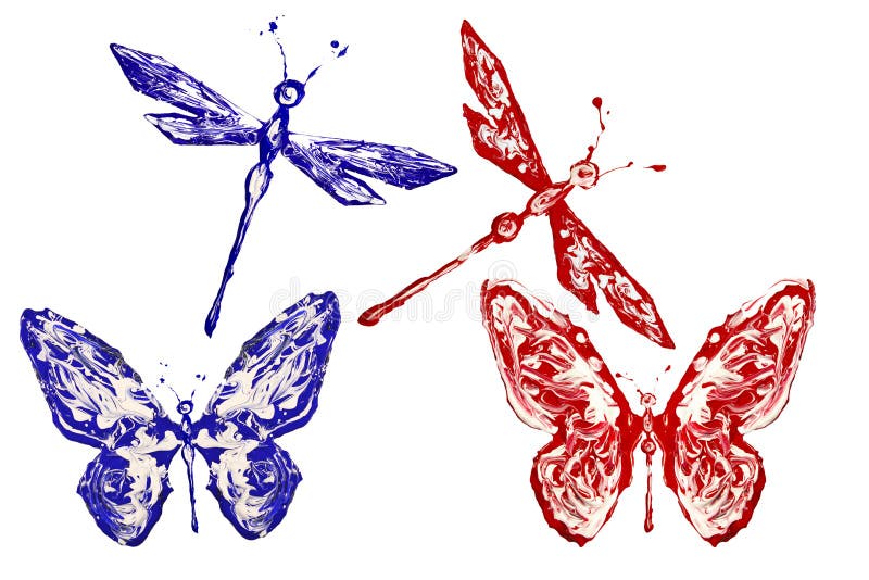 Red and Blue Painted Butterflies and Dragonflies Stock Illustration ...