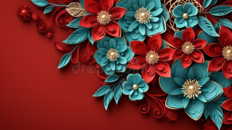 Red and Blue Paper Flowers on a Red Background Stock Illustration ...