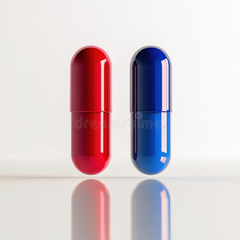 A Red and Blue Pill Side by Side on a Reflective Surface Stock ...