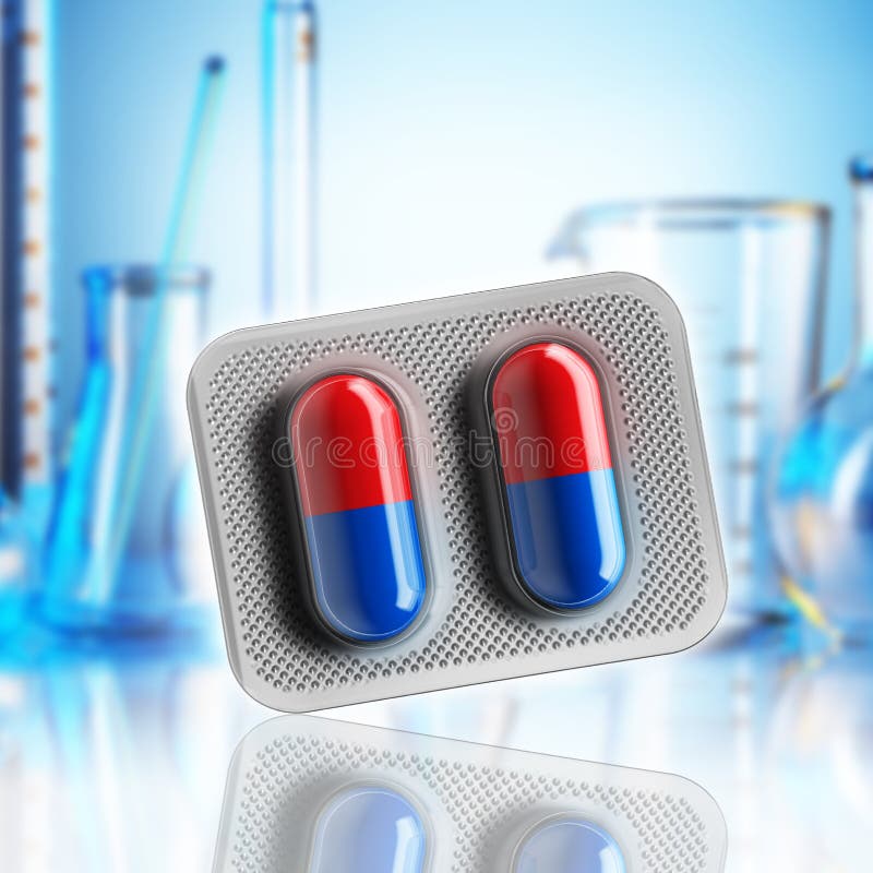 Red and Blue Pills in Blister on Lab Background Stock Illustration ...