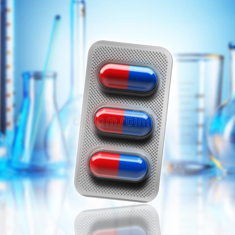 Red and Blue Pills in Blister on Lab Background Stock Illustration ...