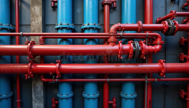 Red, Blue Pipes Interconnect Horizontally, Vertically on Building Wall ...