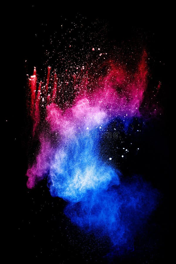 Red Blue Powder Explosion Cloud on Black Background.Launched Blue Dust ...