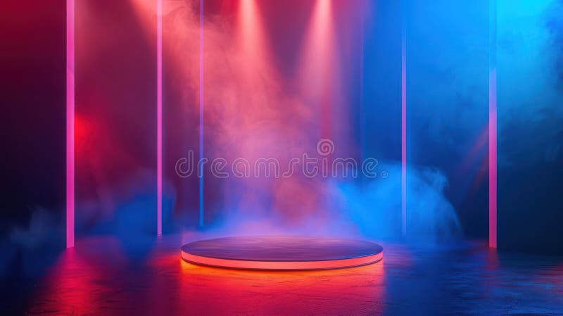 A Red, Blue and Purple Stage with Smoke and Lights Stock Illustration ...