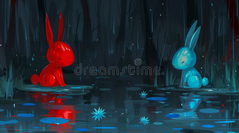Red and Blue Rabbits by a Reflective Pond Stock Illustration ...