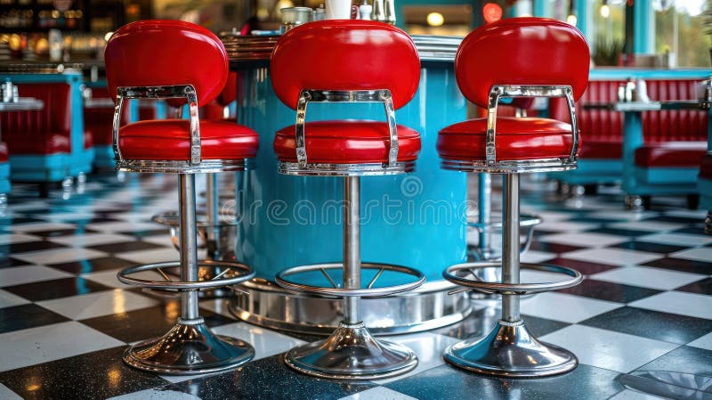A Red and Blue Restaurant with Three Red Stools and a Blue Counter ...