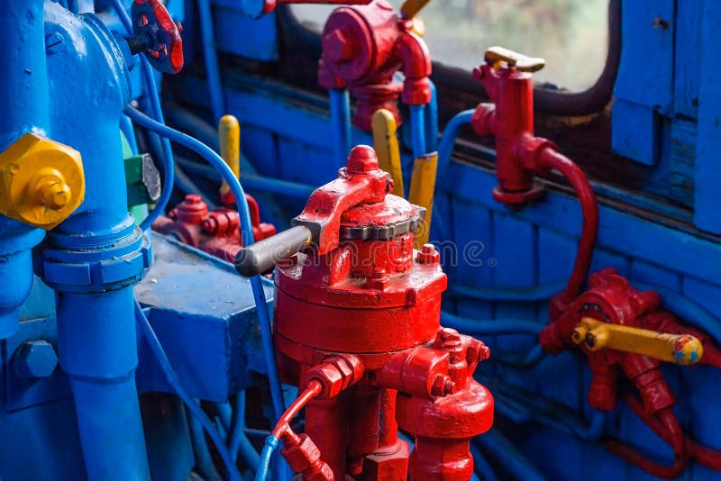 Red and Blue Retro Control Panel of an Old Vintage Steam Train Cabin ...
