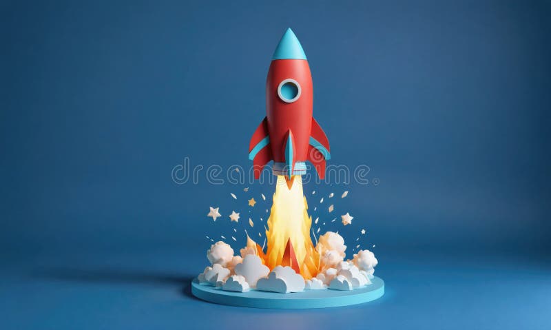 A Red and Blue Rocket Ship Launches from a Platform, Leaving a Trail of ...