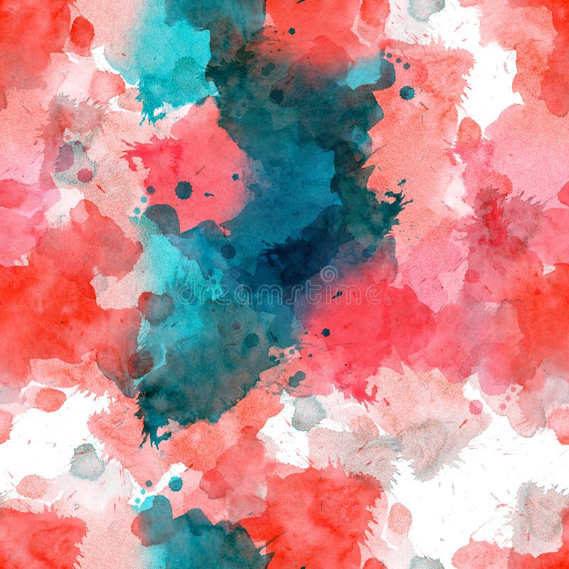 Red And Blue Seamless Pattern Watercolor Blots On White Background