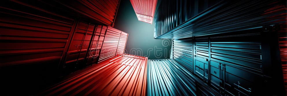 Red and Blue Shipping Containers Clash Mid-Air in Dynamic Visual ...