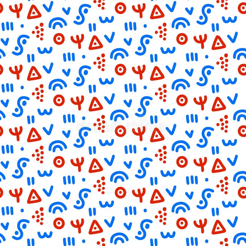 Red and Blue Simple Elements Hand Drawn Vector Seamless Pattern in ...