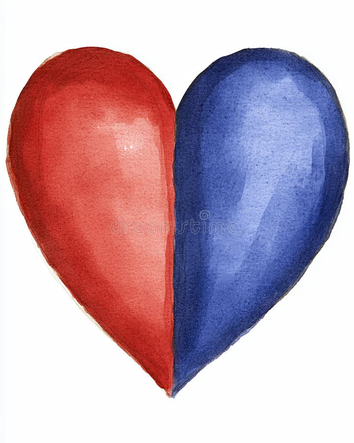 Red and Blue Split Heart Shape Illustration with Watercolor Effect ...