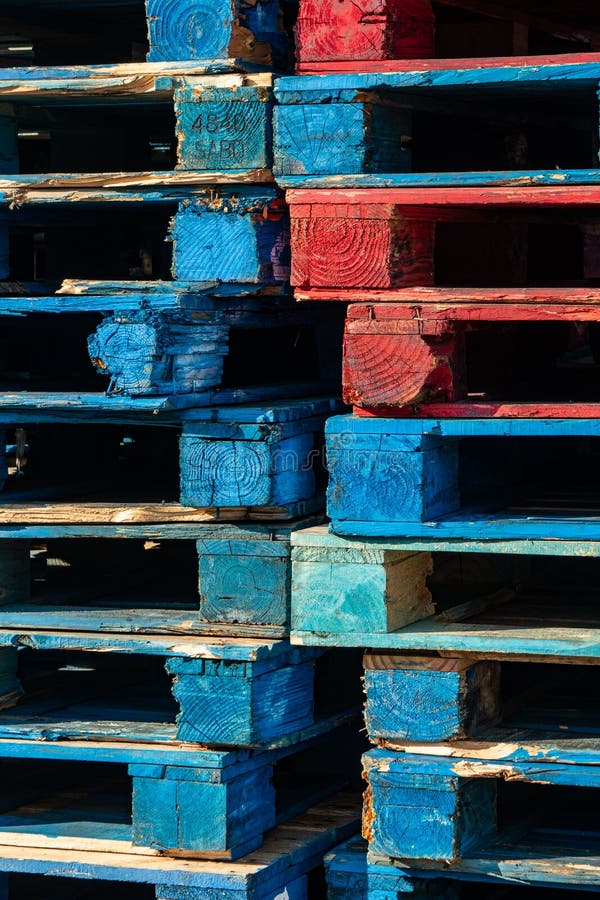 Red And Blue Stacked Pallets Stock Photo - Image of pallet, wooden ...