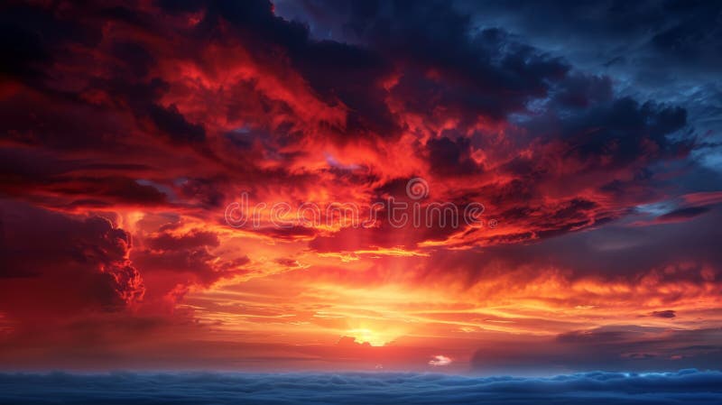 A Red and Blue Sunset Sky with Clouds Sun in between Stock Illustration ...