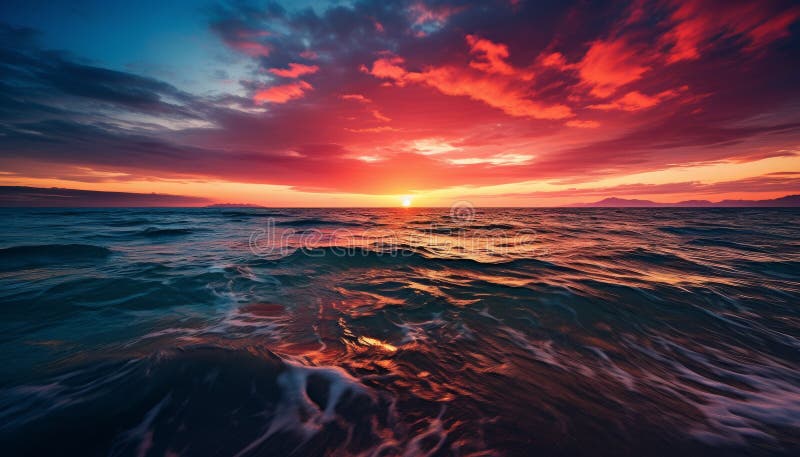 Red and Blue Sunset or Sunrise on a Cloudy Sky Background Over Ocean ...