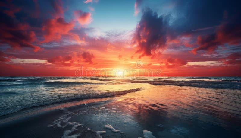 Red and Blue Sunset or Sunrise on a Cloudy Sky Background Over Ocean ...