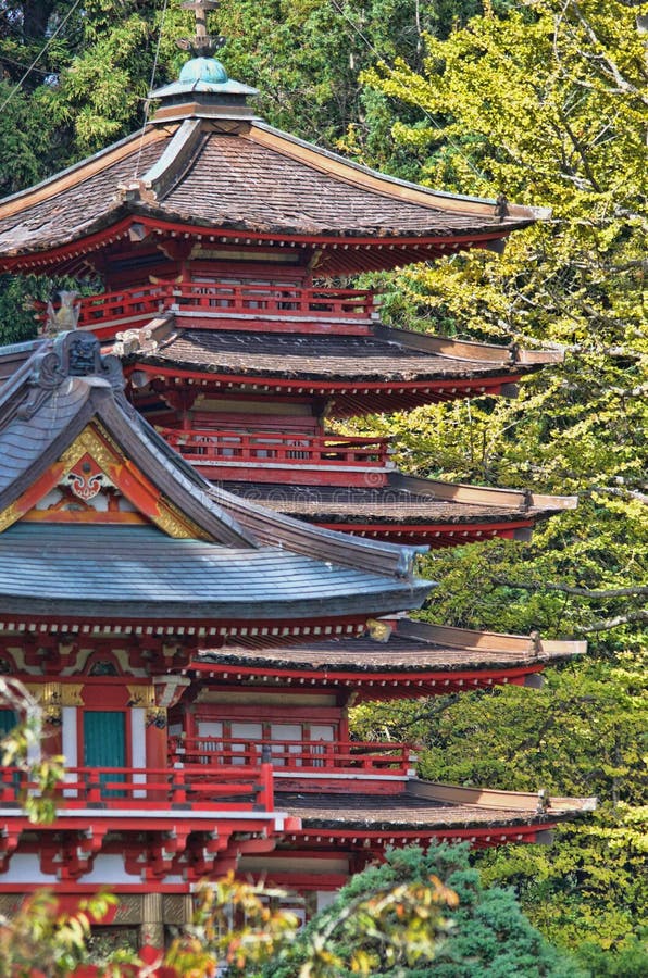 Red And Blue Temple Behind Green Leaf Trees At Daytime Picture. Image ...