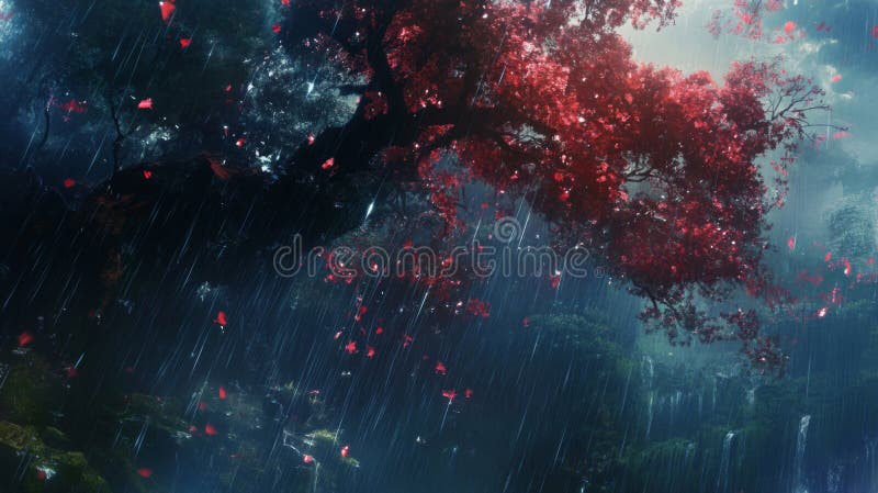 Red and Blue Tree in Dark Forest with Falling Particles Stock ...