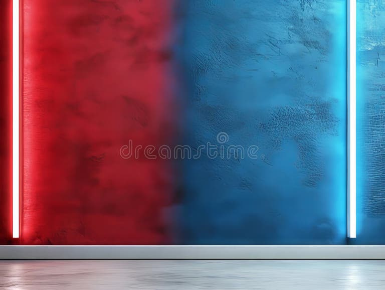 A Red and Blue Wall with a Neon Light on it Stock Photo - Image of side ...