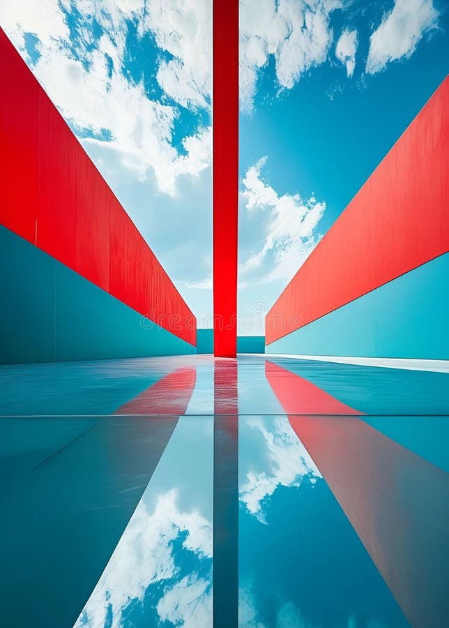 A Red and Blue Wall with the Sky Reflected in the Glass. Stock ...