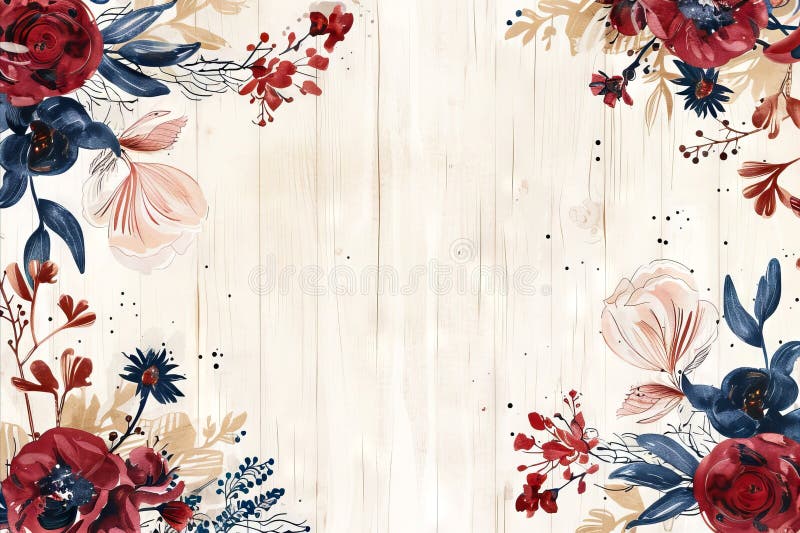 A Red, Blue and White Floral Border on a Wooden Background Stock Image ...
