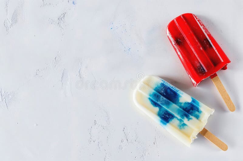 Red and Blue Popsicles on a White Textured Background, Top View, Summer ...